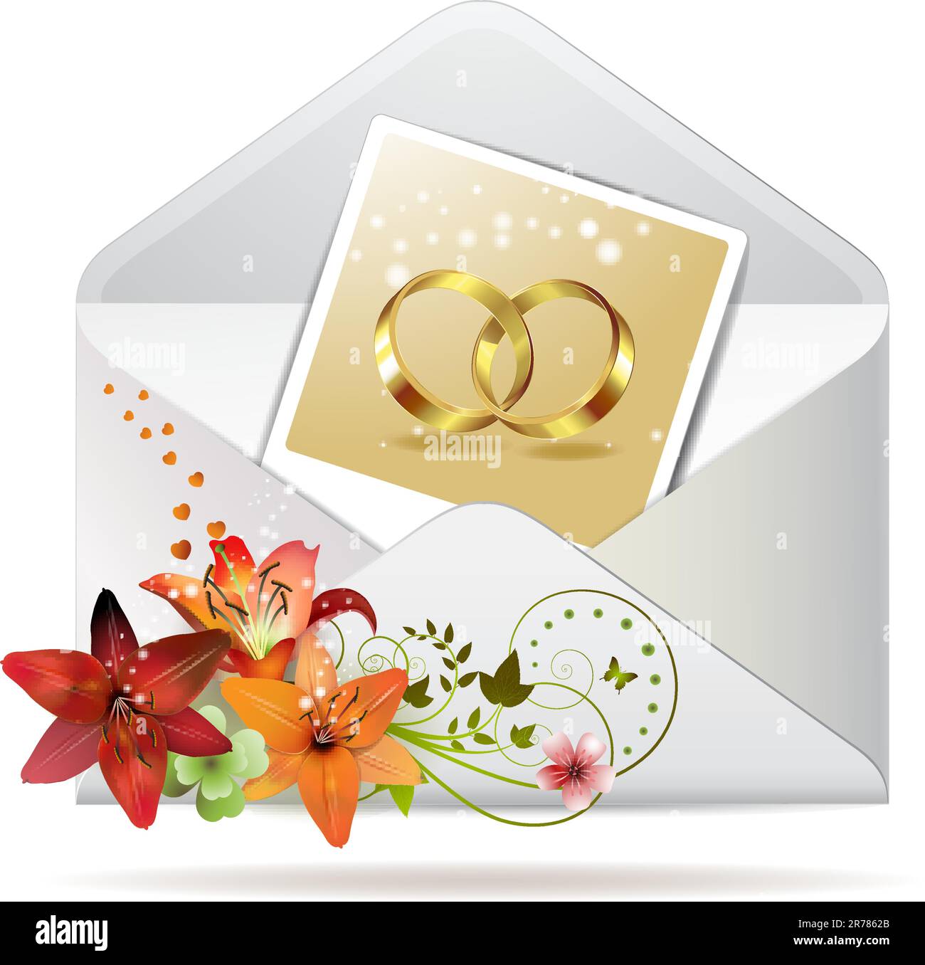 Envelope with photo of two wedding ring, isolated on white background ...