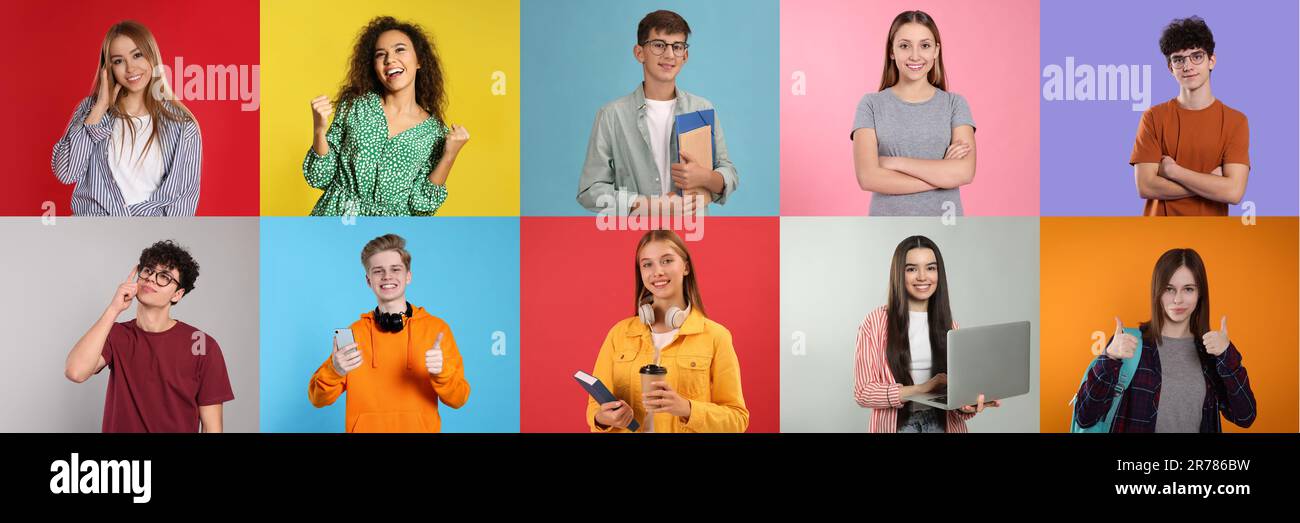 Photos of teenagers on different color backgrounds, collage Stock Photo ...