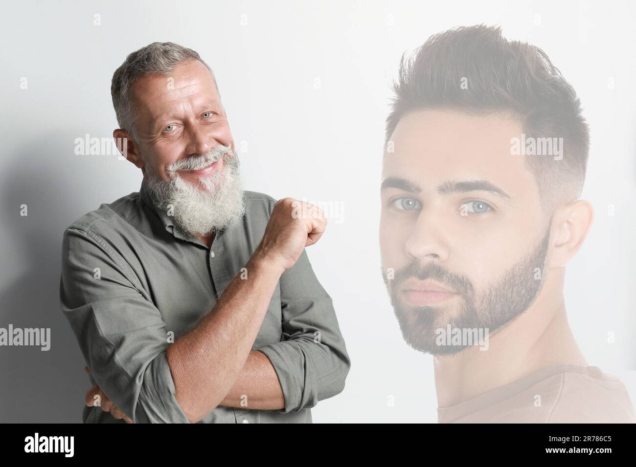 Mature man remembering old times. Translucent picture of young guy ...