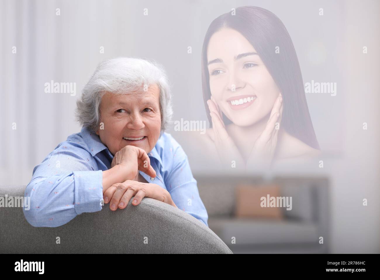 Mature woman remembering old times. Translucent picture of young girl ...