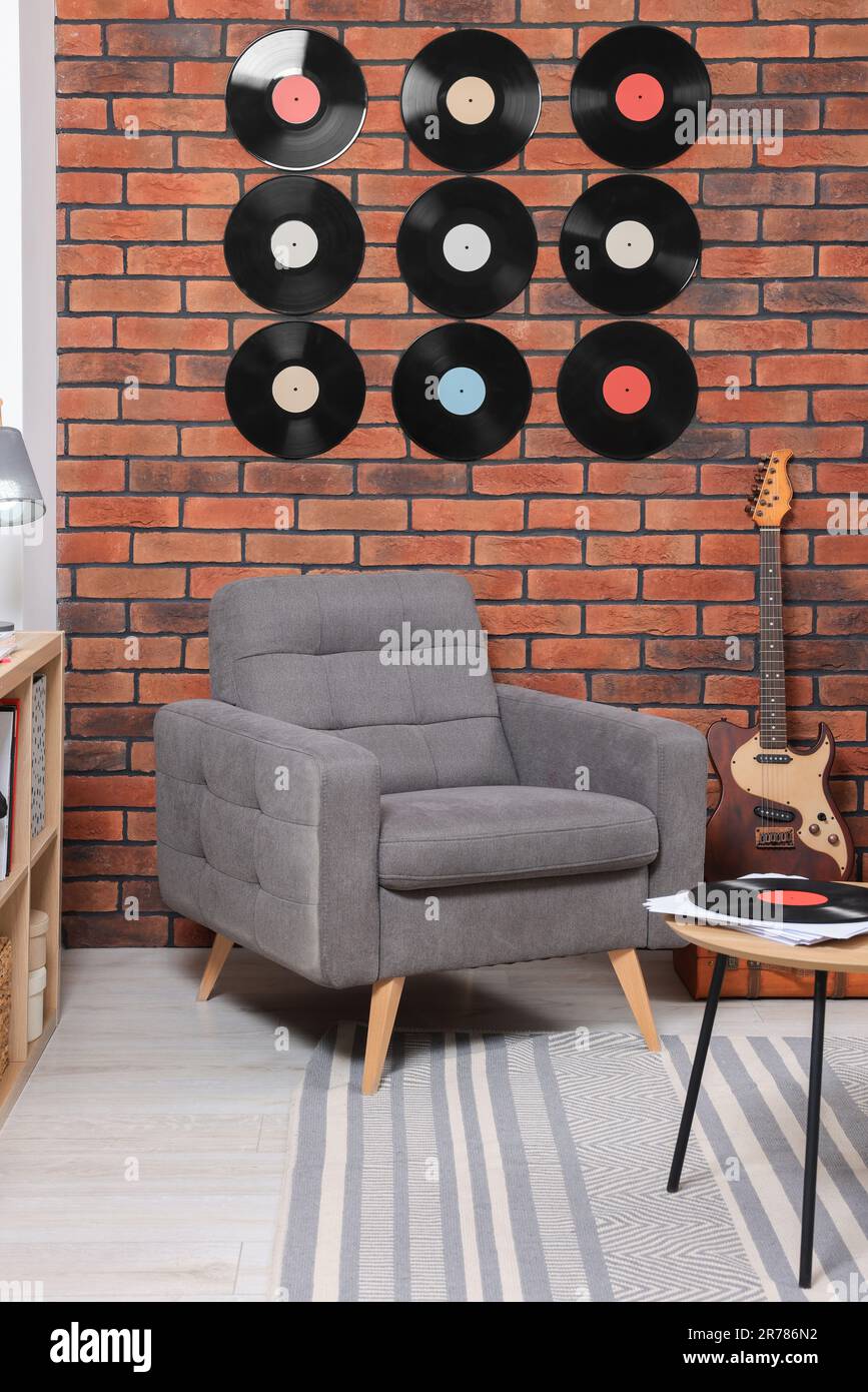 Living room decorated with vinyl records. Interior design Stock Photo ...