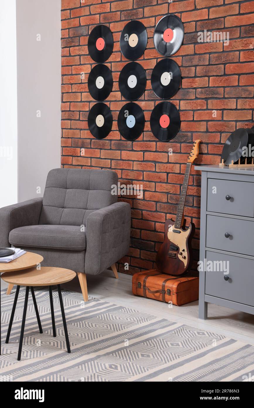 Living room decorated with vinyl records. Interior design Stock Photo ...