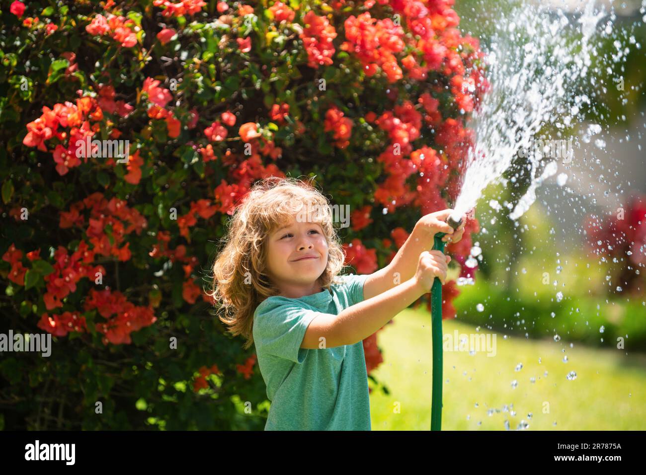 Kids play with water garden hose in yard. Outdoor children summer fun ...