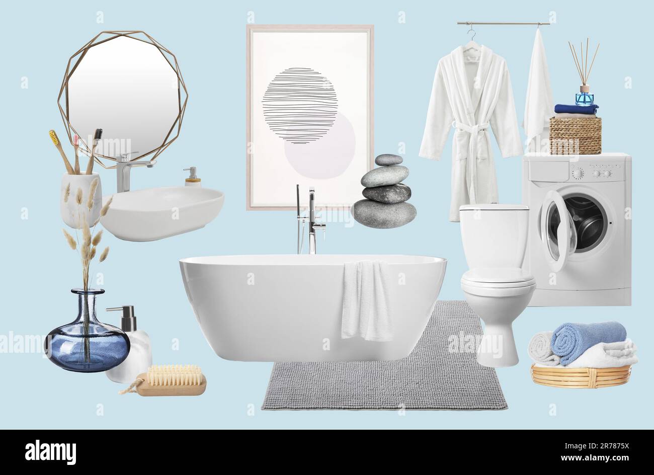 Bathroom interior design. Collage with different combinable items and decorative elements on ...