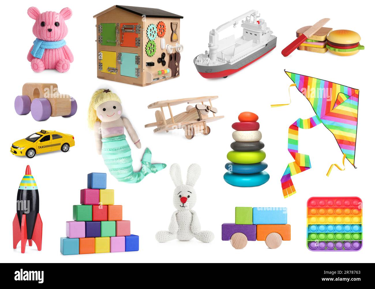 Collage with many different toys on white background Stock Photo - Alamy
