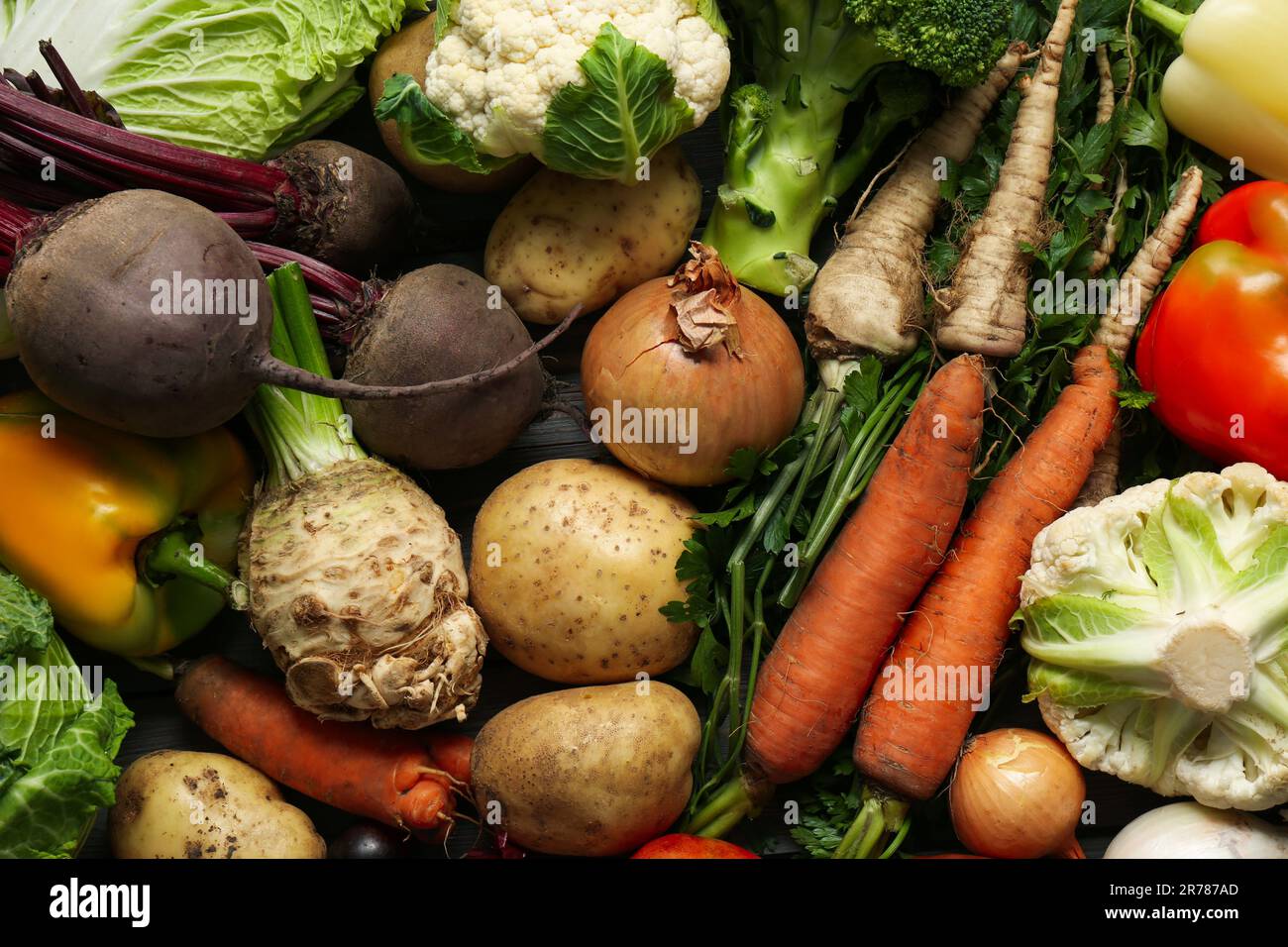 Different fresh vegetables as background, top view. Farmer harvesting ...