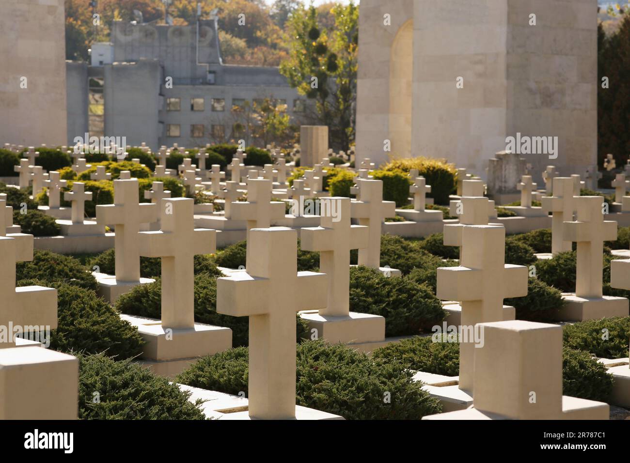Many granite tombstones at cemetery. Religious tradition Stock Photo ...