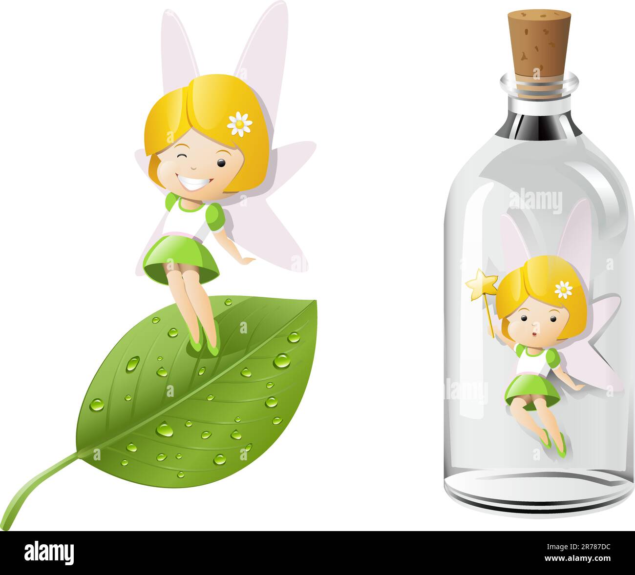 Cute fairy on fresh leaf with magic and trapped in a bottle Stock ...