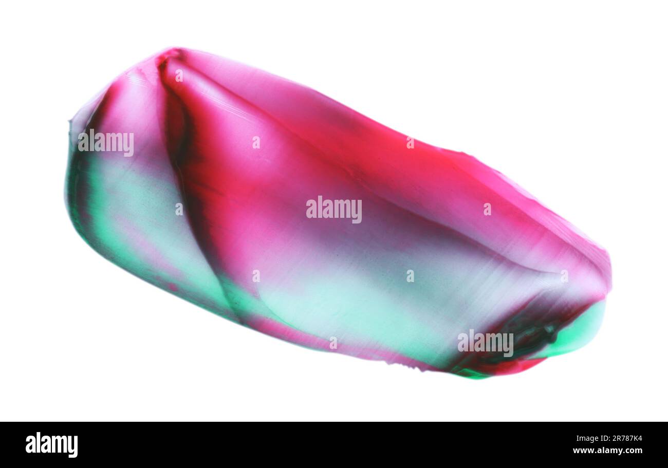 Pink and green chameleon paint samples on white background, top view ...