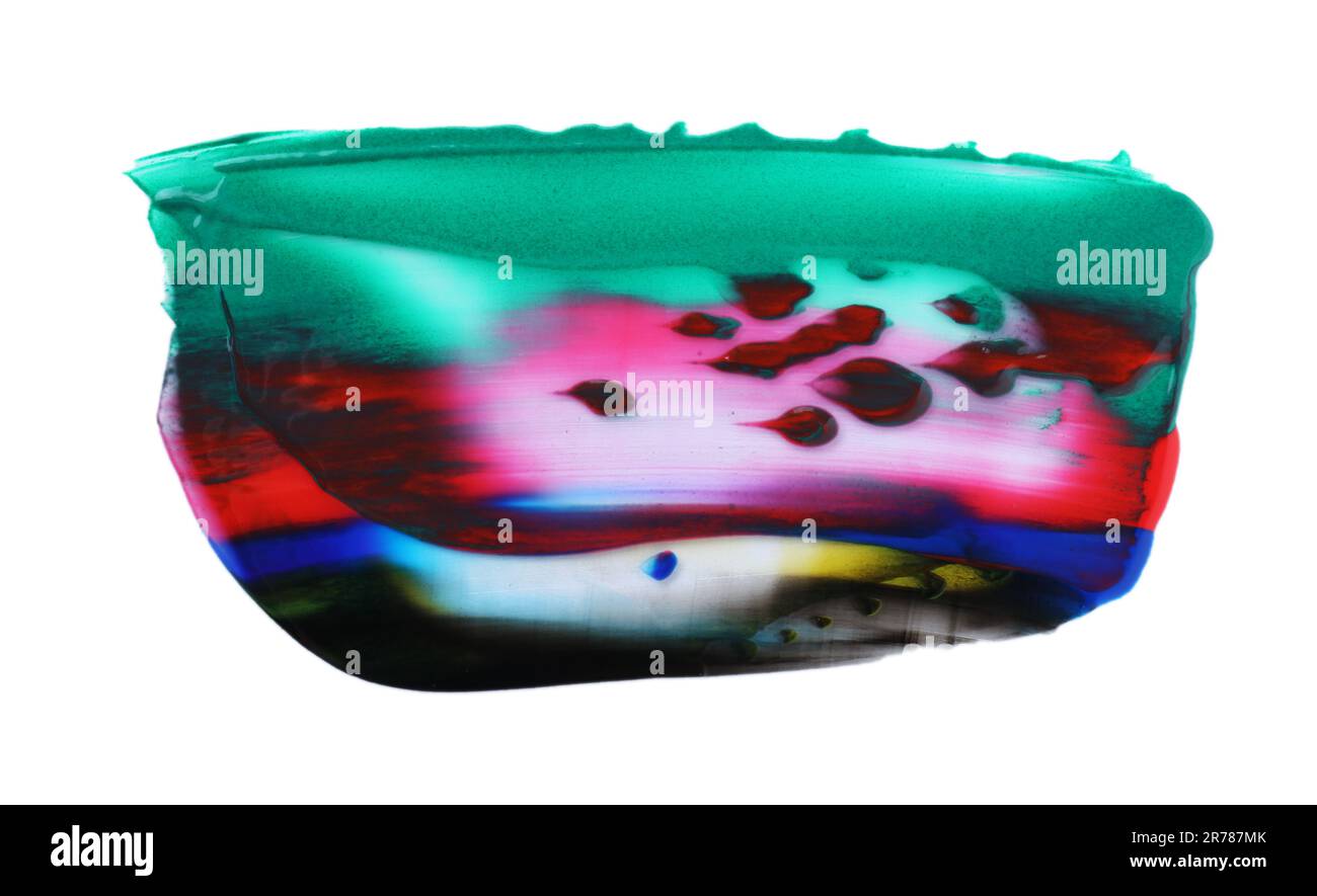 Red, black, green and blue chameleon paint samples on white background ...