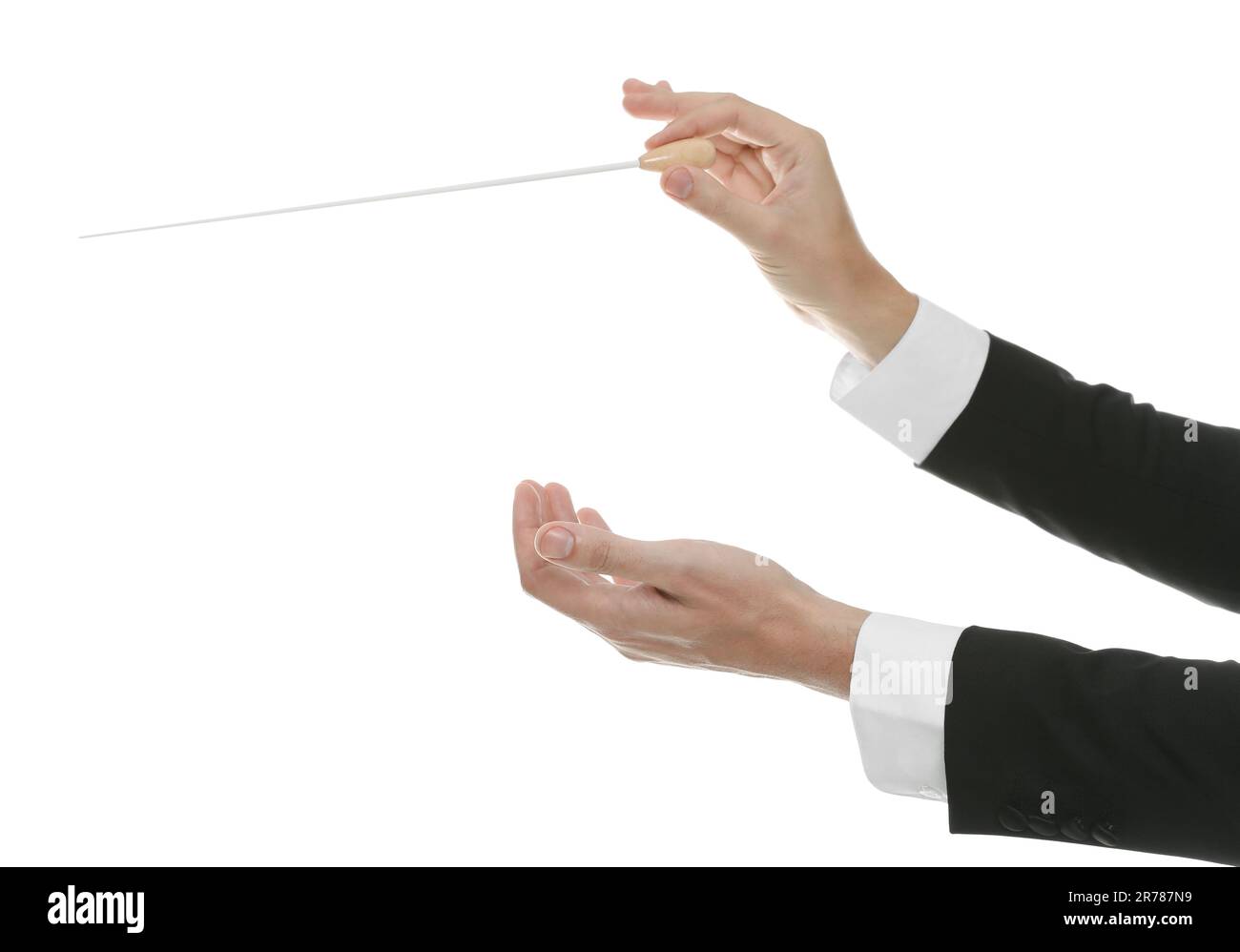 Professional conductor with baton on white background, closeup Stock ...