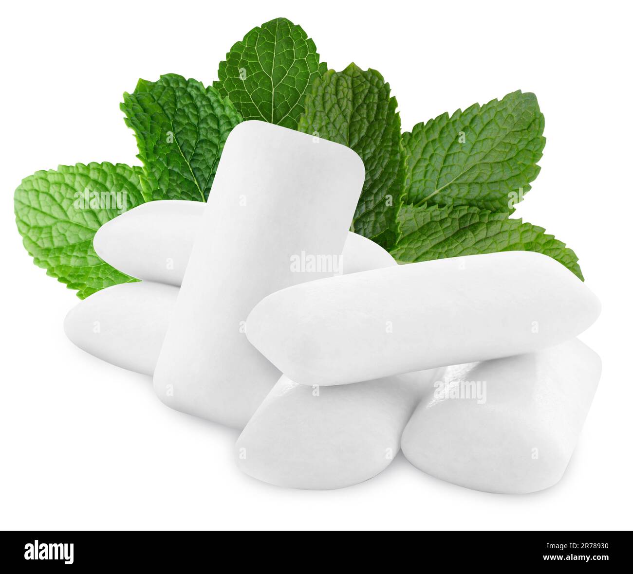 Menthol chewing gum pillows and mint leaves on white background Stock ...