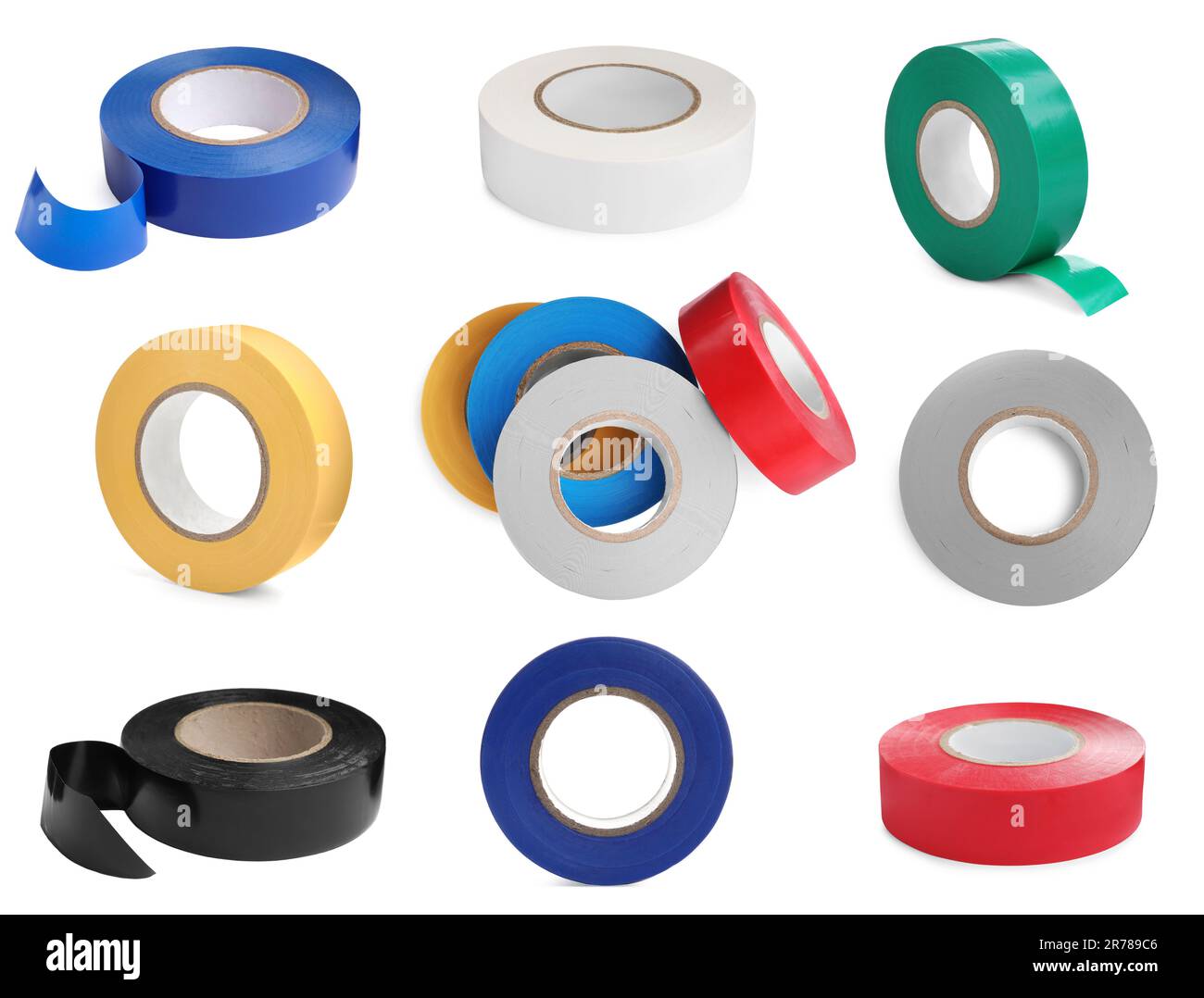 Collage with insulating tapes in different colors on white background ...