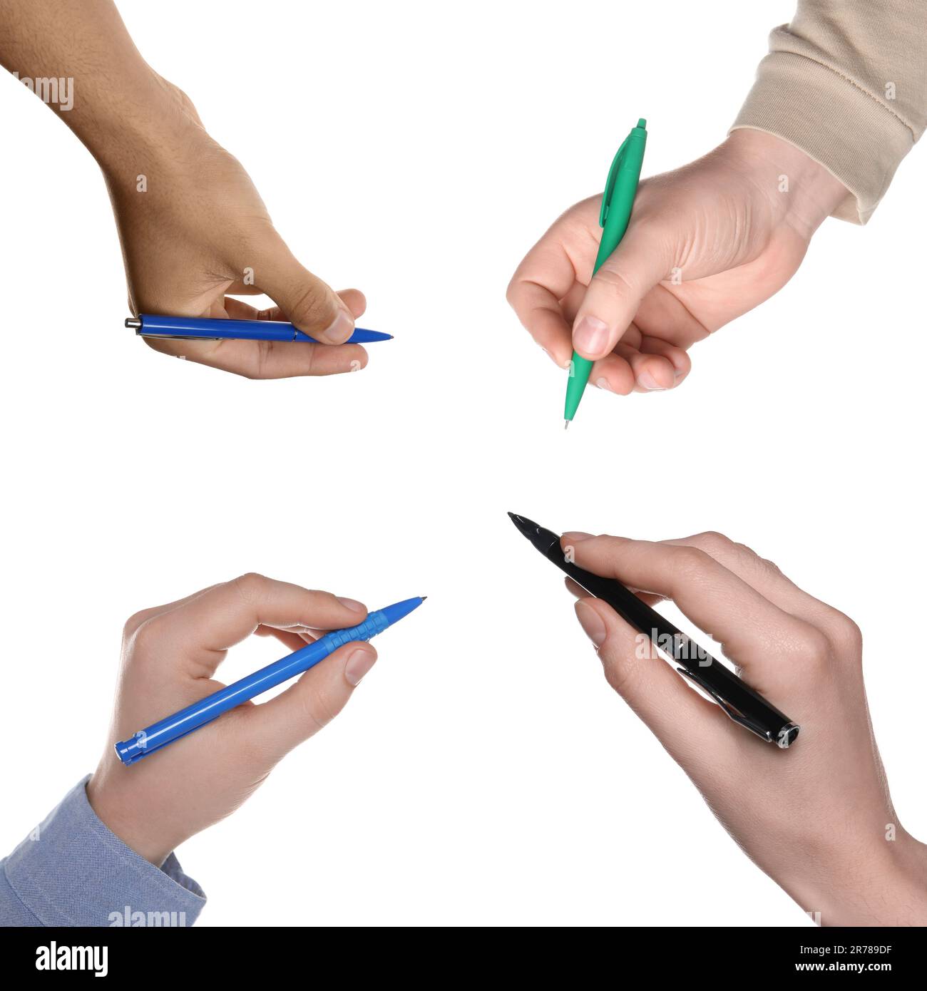 Men and women holding pens on white background, closeup. Collage design ...