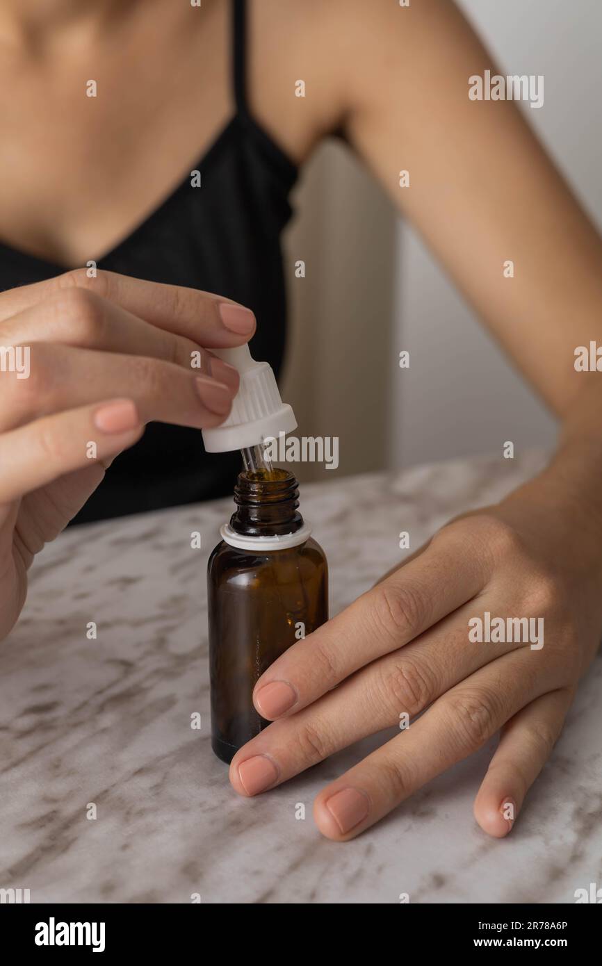 natural vitamins in containers with droppers, details of cosmetics in ...