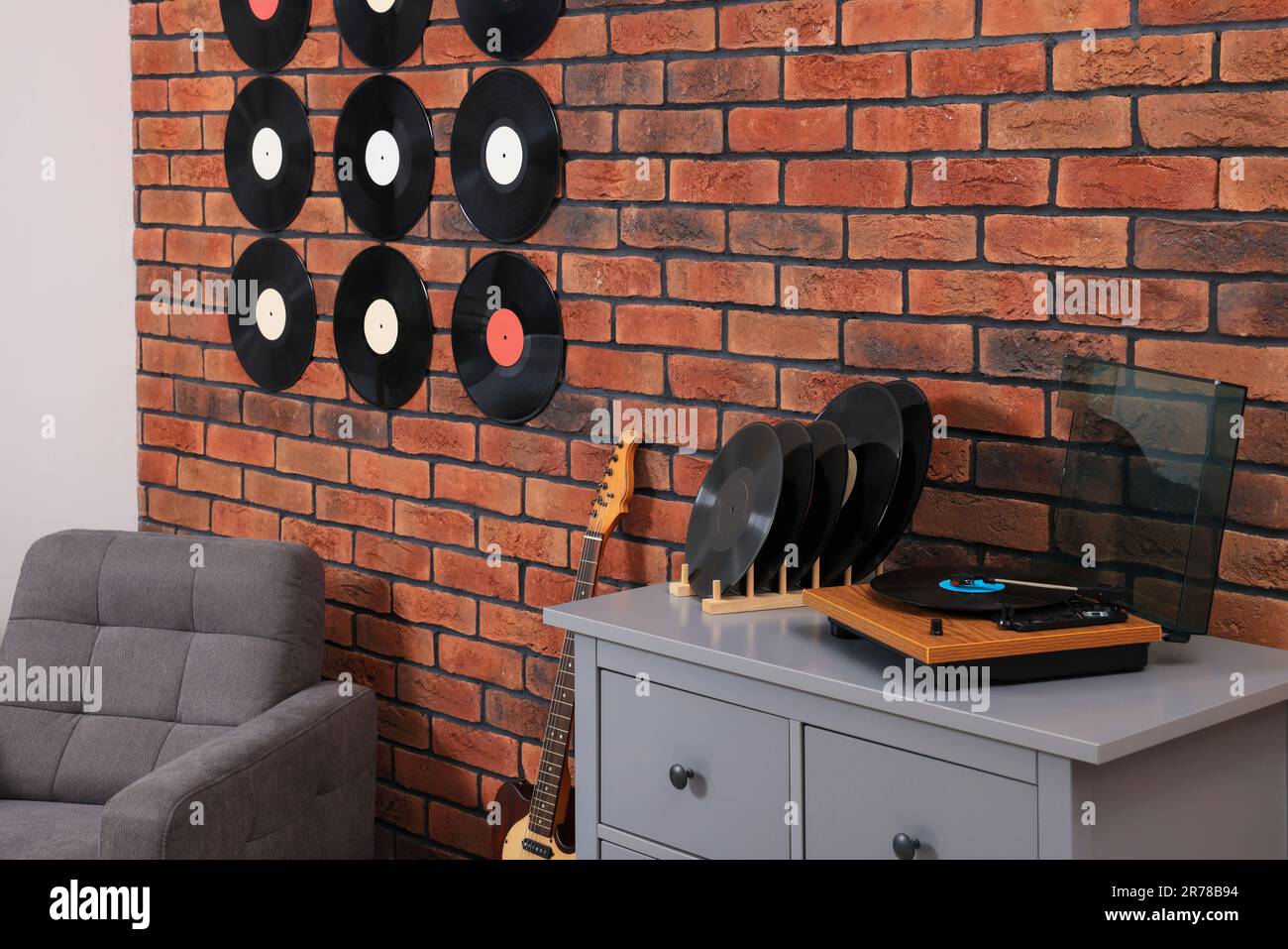 Living room decorated with vinyl records. Interior design Stock Photo ...