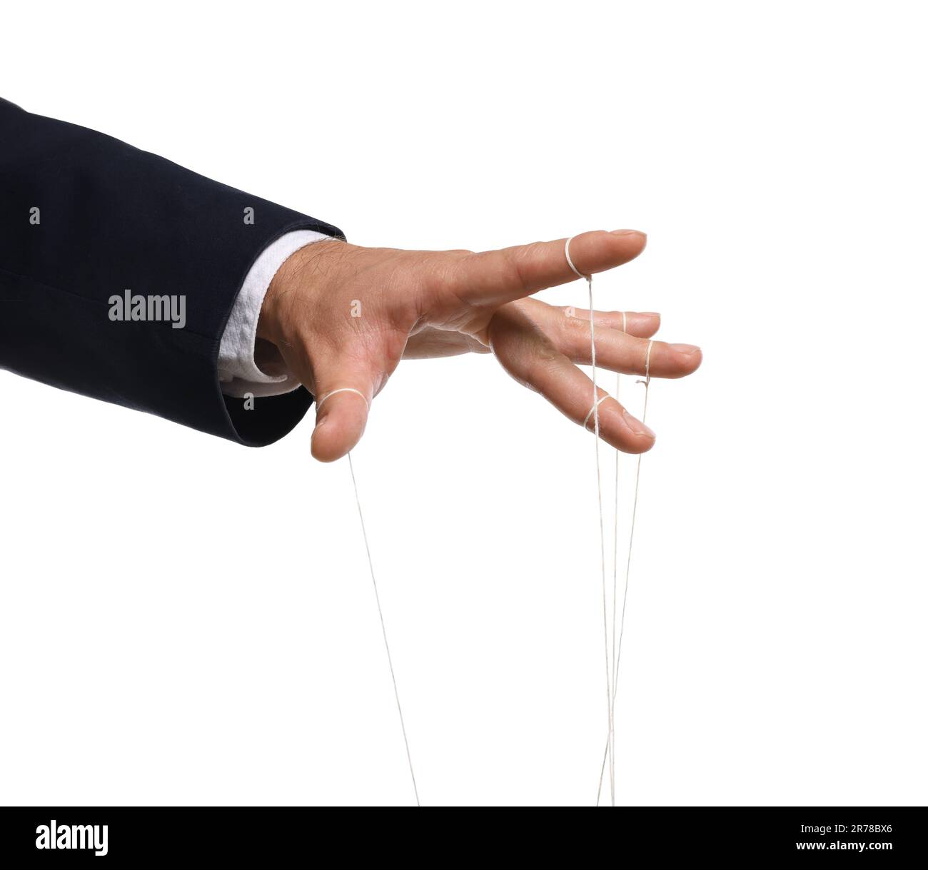 Man pulling strings of puppet on white background, closeup Stock Photo ...