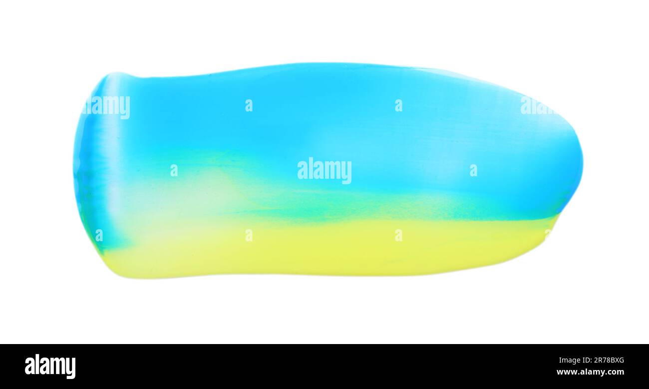 Light blue and yellow paint samples on white background, top view Stock ...