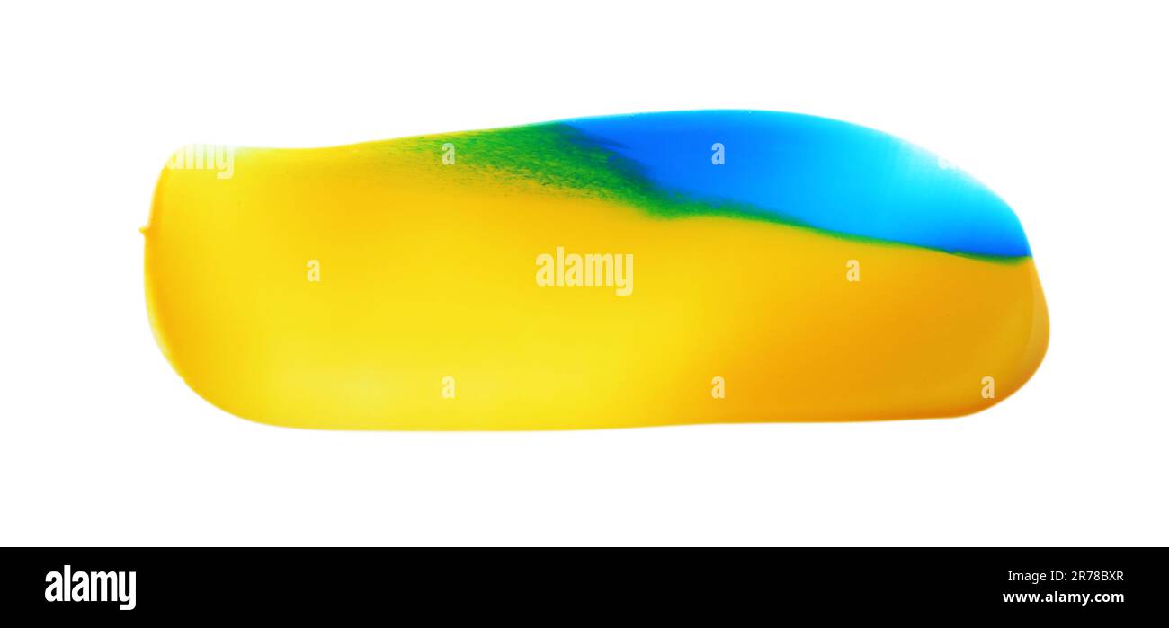 Light blue and yellow paint samples on white background, top view Stock ...