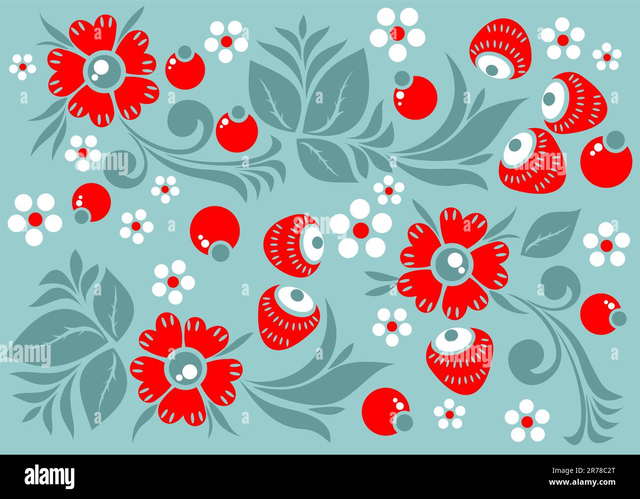 Stylized pattern with flowers and berries on a green background Stock ...