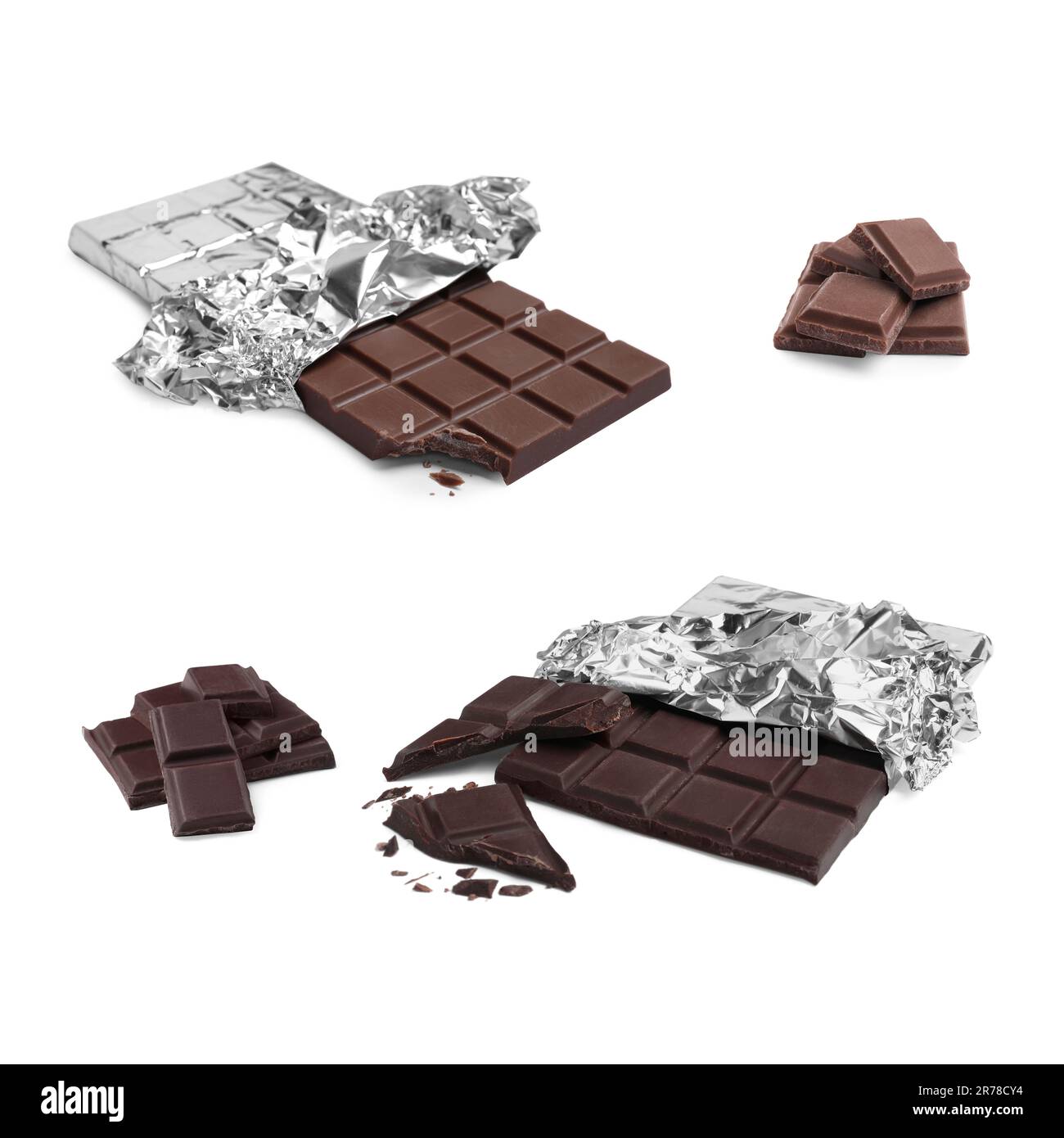 Collage with tasty broken chocolate bars on white background Stock ...