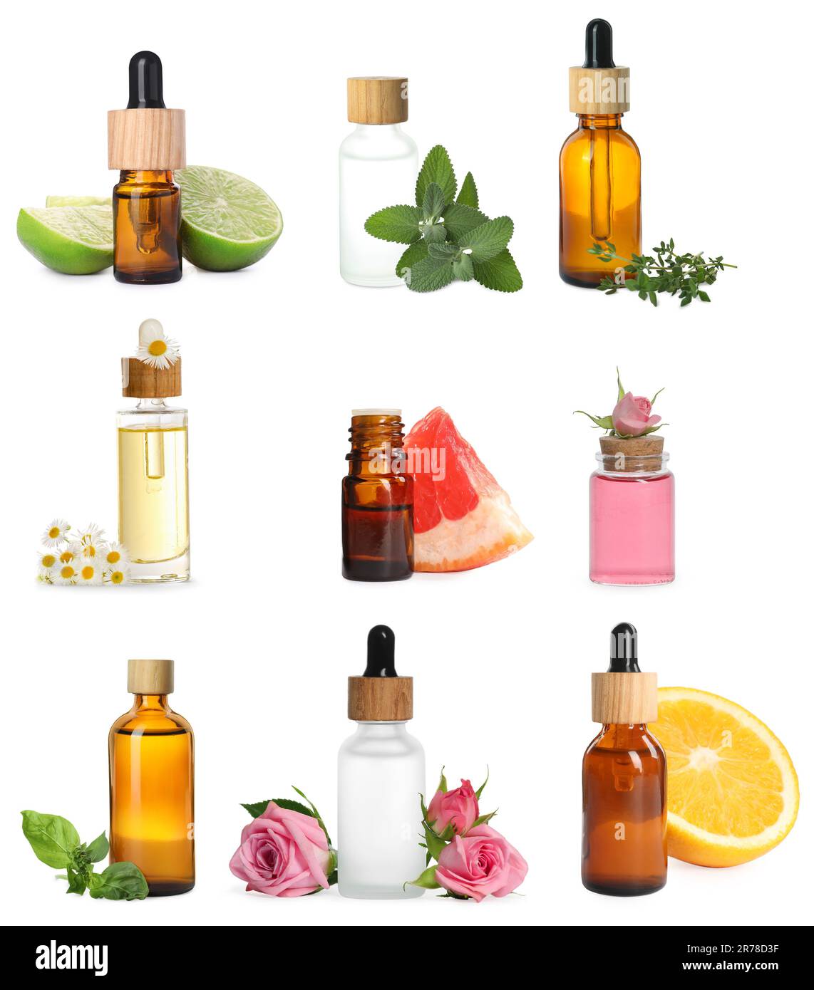 Many different essential oils and ingredients on white background ...