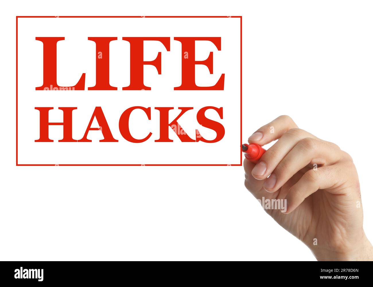 Man framing words Life Hacks with marker on glass board against white ...