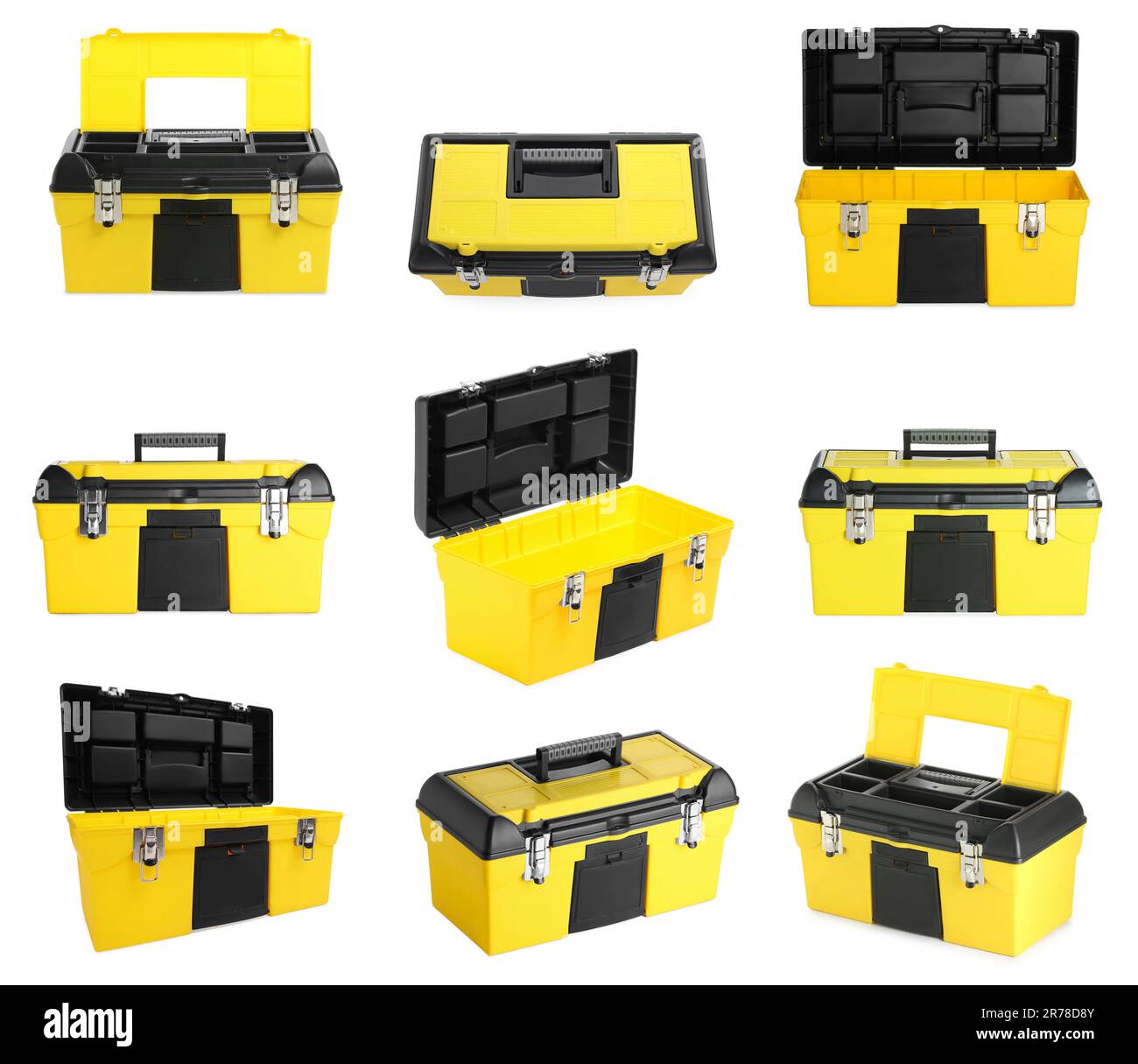 Collage of plastic box for tools on white background, different sides ...