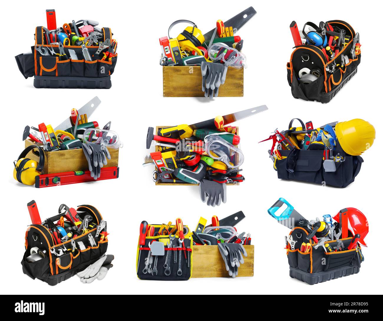 Collage of bags and boxes with tools on white background, different ...