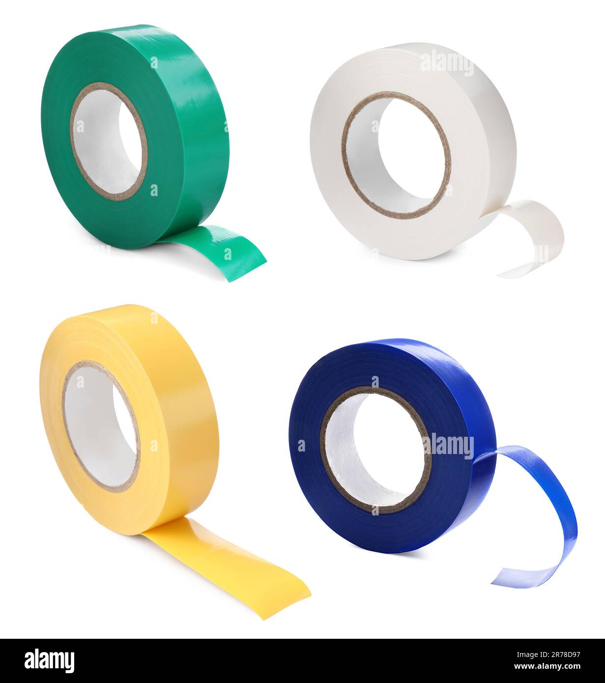 Collage with insulating tapes in different colors on white background ...