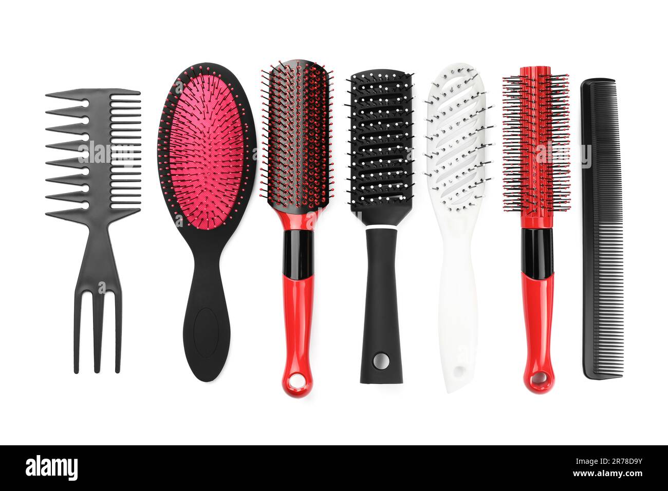 Set of hair brushes and combs isolated on white, top view Stock Photo ...