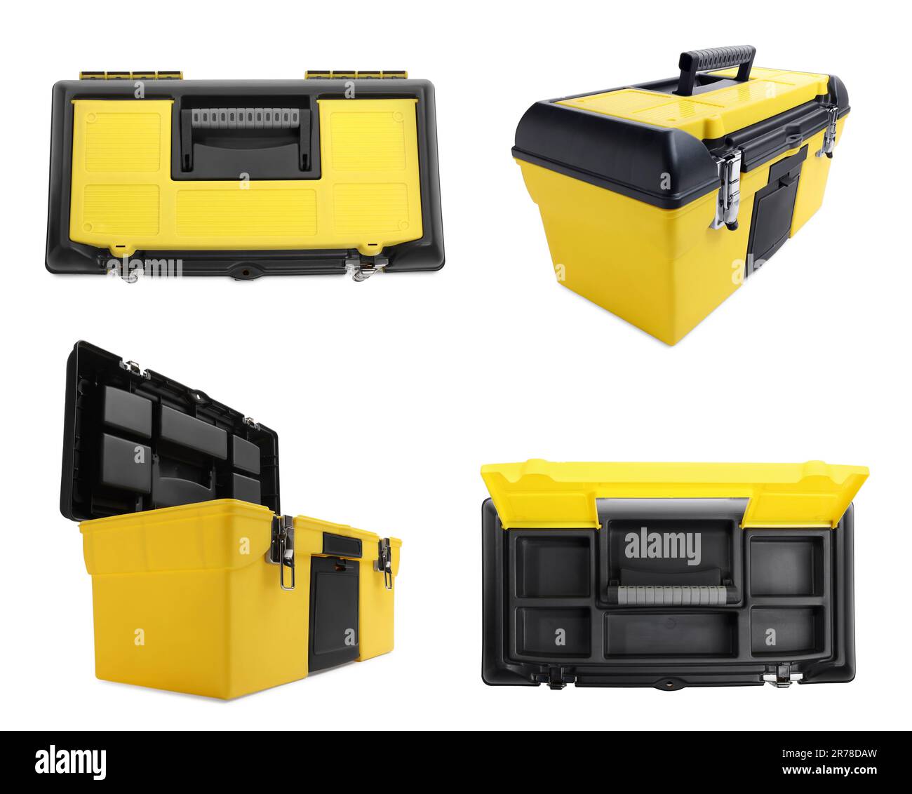 Collage of plastic box for tools on white background, different sides ...