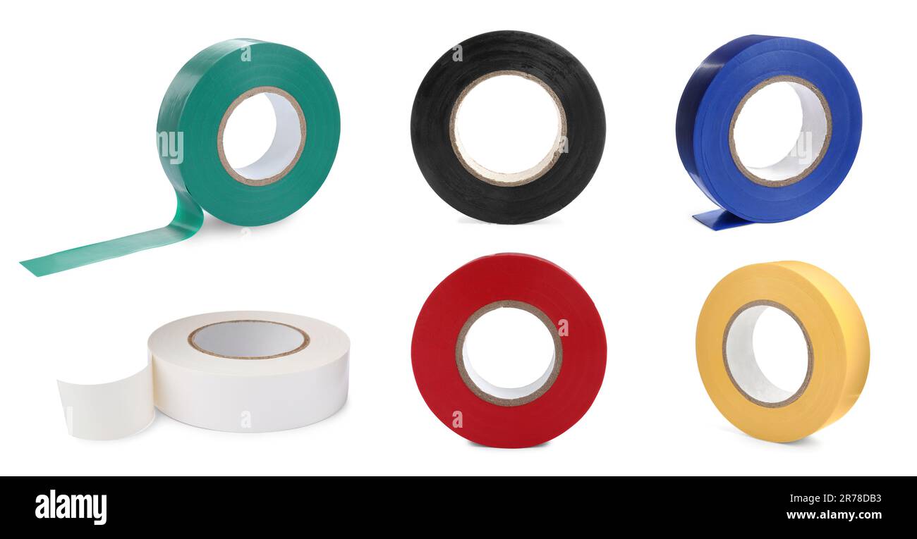 Collage with insulating tapes in different colors on white background ...
