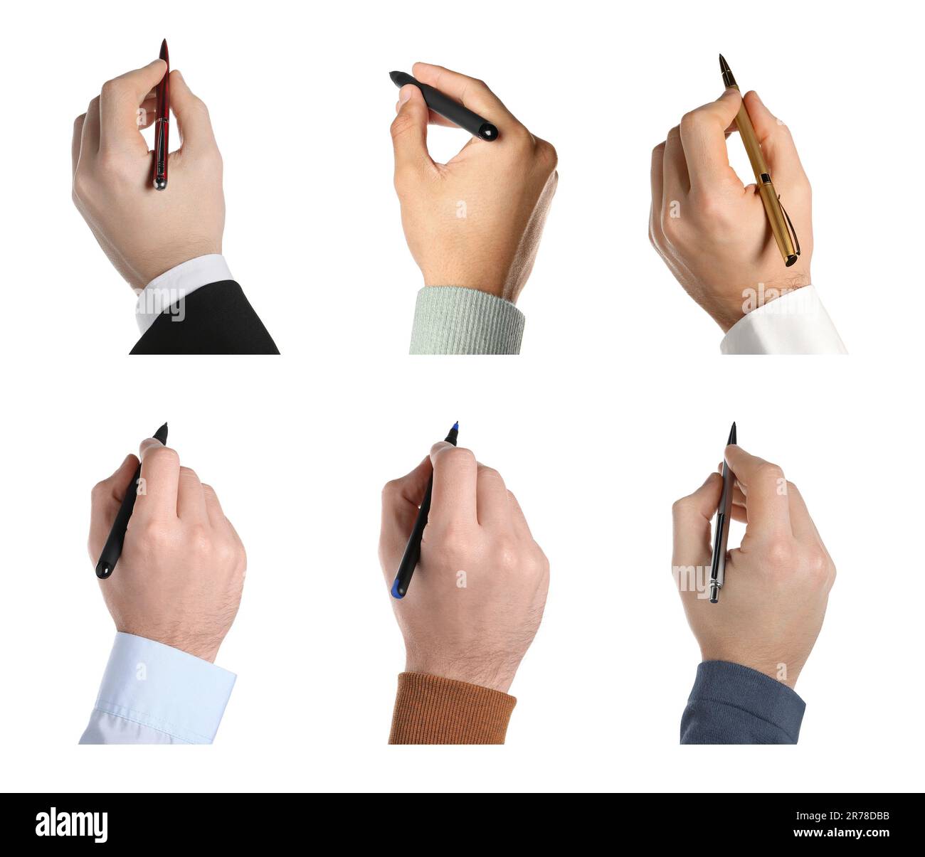 Men holding pens on white background, closeup. Collage design Stock ...