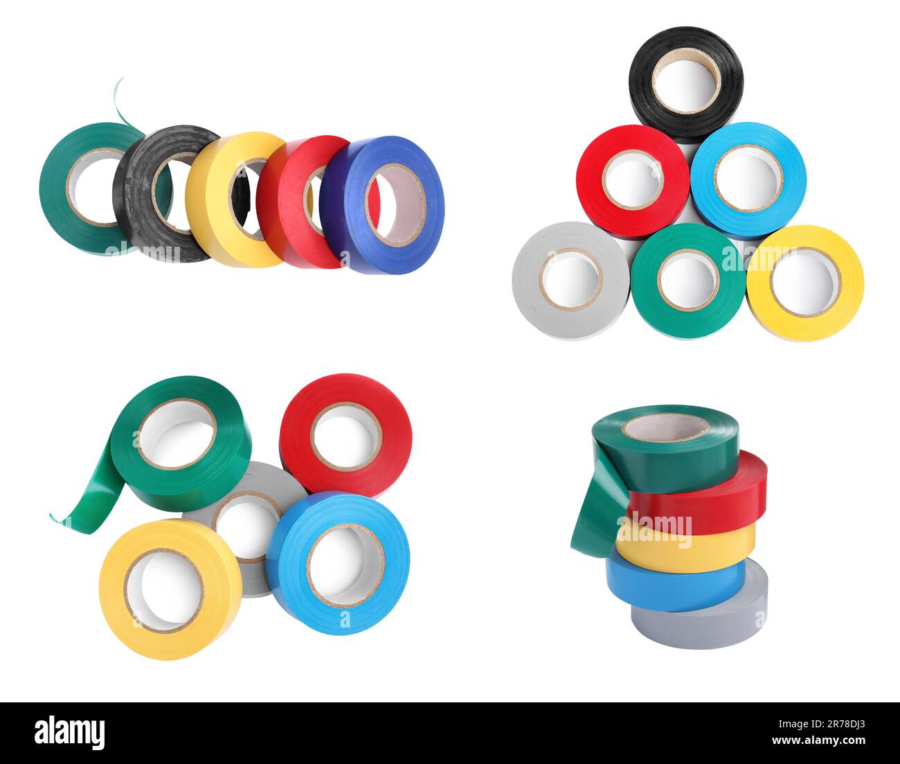 Collage with insulating tapes in different colors on white background ...