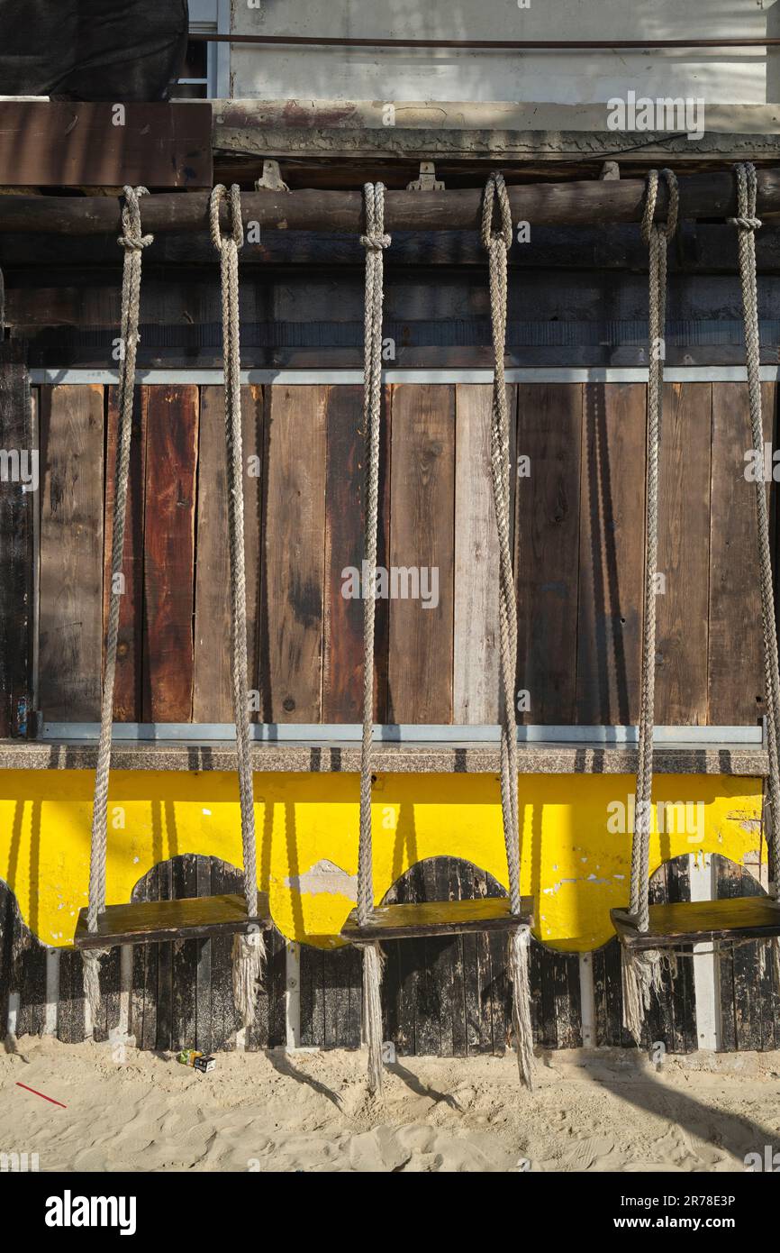 Beach bar with swing seats Playa Del Carmen Yucatan Mexico Stock Photo ...