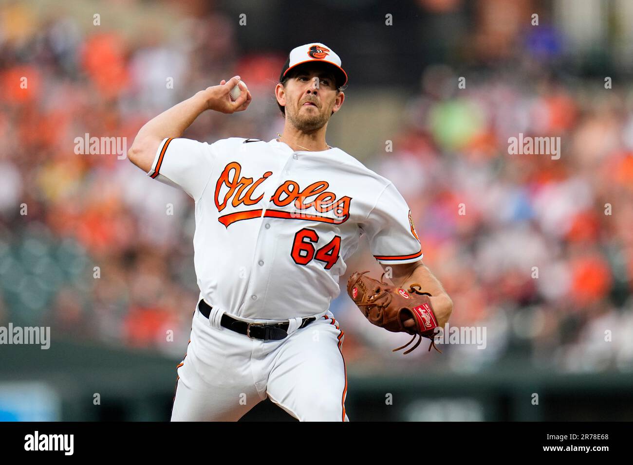 Baltimore Orioles starting pitcher Dean Kremer throws a pitch to the ...