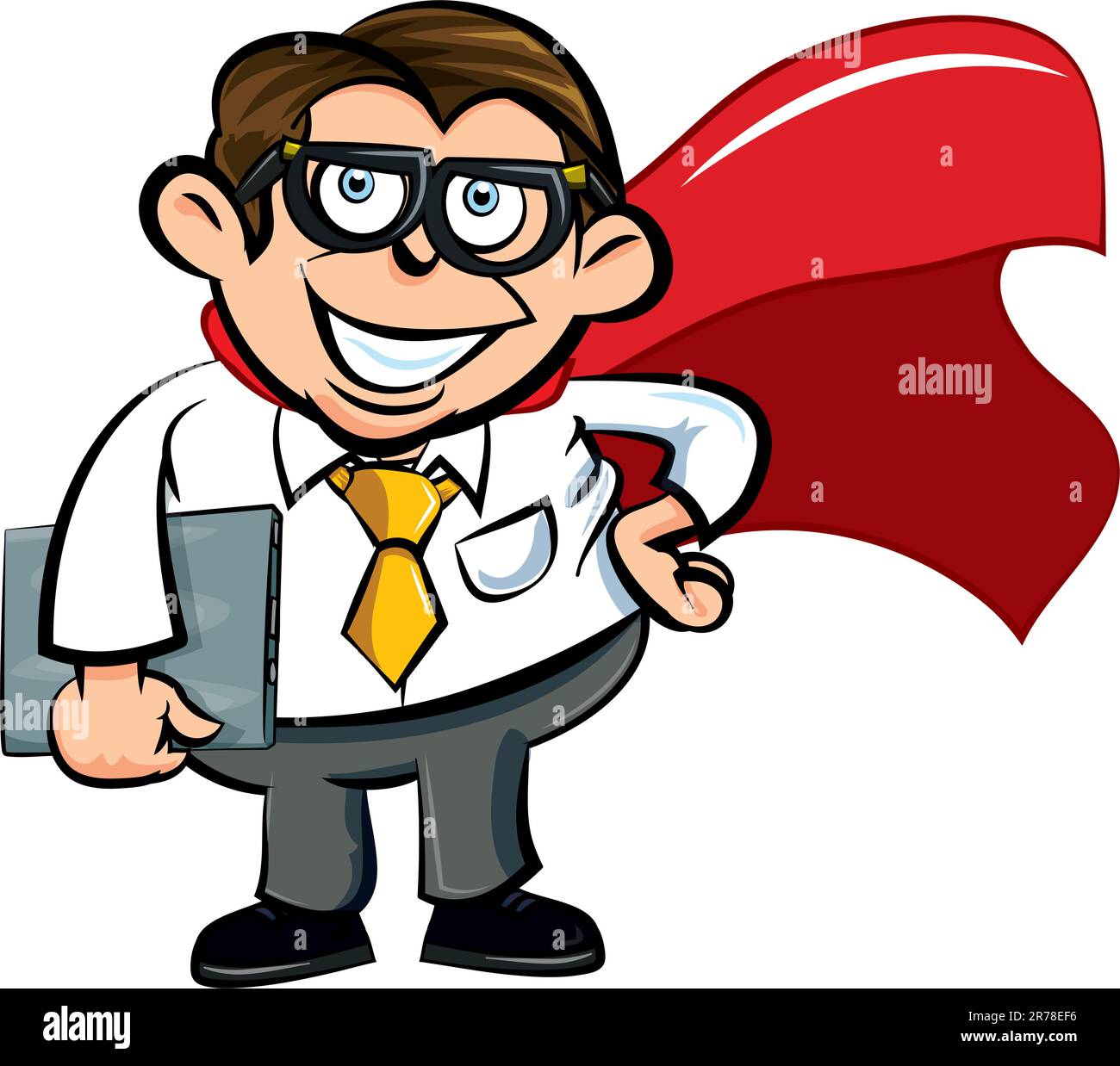 Cartoon Superhero office nerd with cape and laptop Stock Vector Image ...