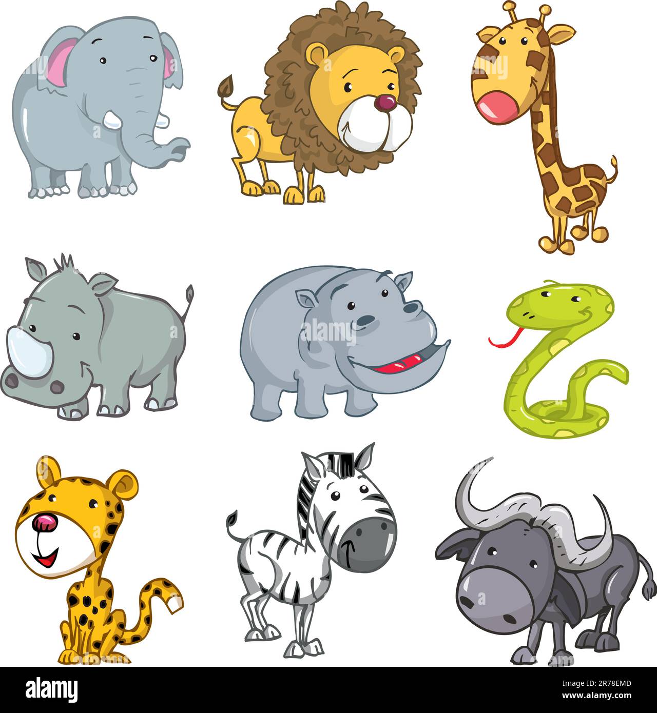Set of cute cartoon animals. A rhino,lion,giraffe,elephant,hippo,snake ...