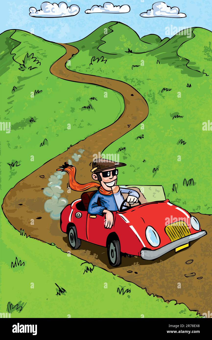 Cartoon man driving his red sportscar through the country Stock Vector ...