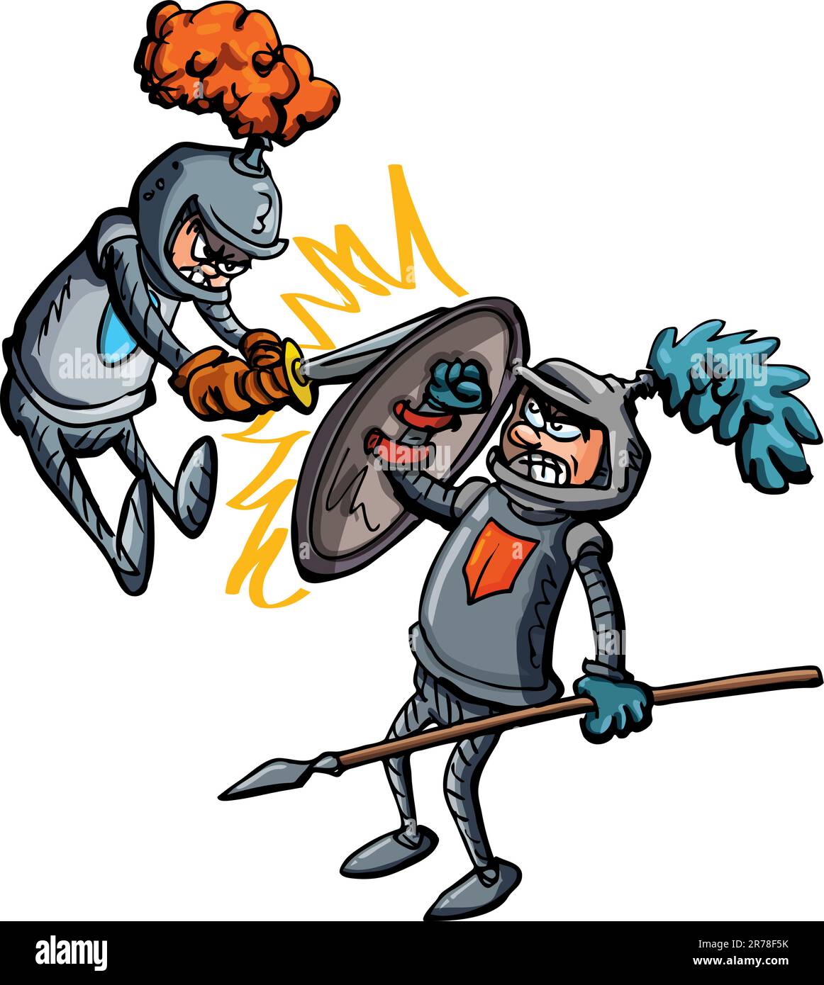 Two cartoon knights fighting using swords and spears Stock Vector Image ...