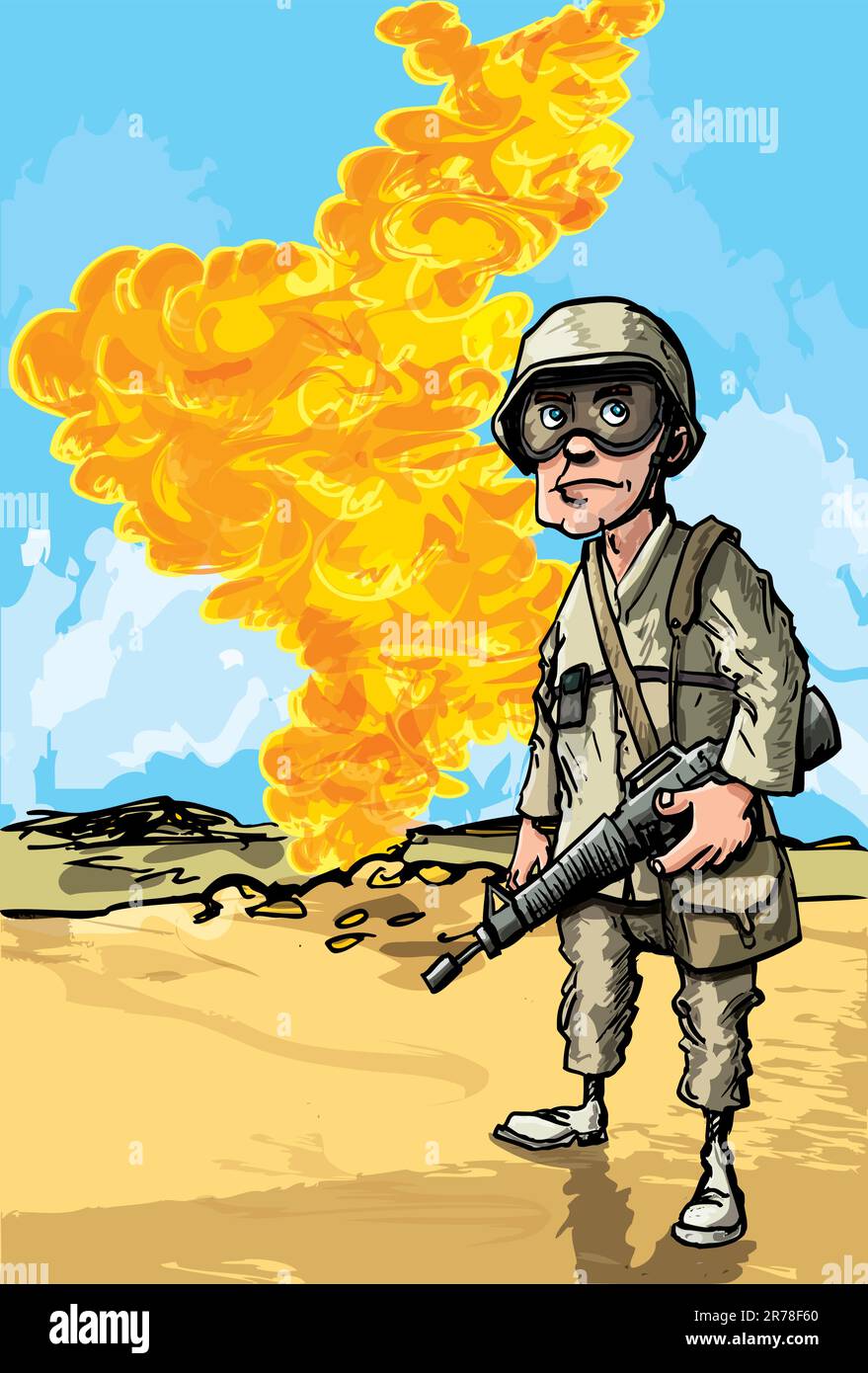 Cartoon Soldier in desert conflict. He holds a rifle and a fire burns ...