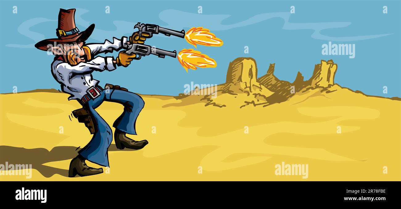 Cartoon cowboy in the desert firing his six guns. There is a blue sky ...