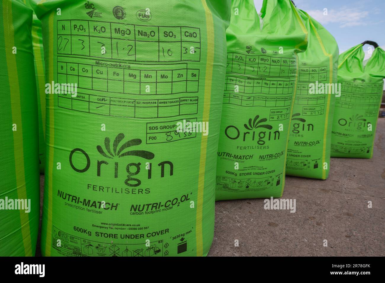 Bags of fertiliser at a dairy farm in Carmarthenshire, Wales, UK Stock ...