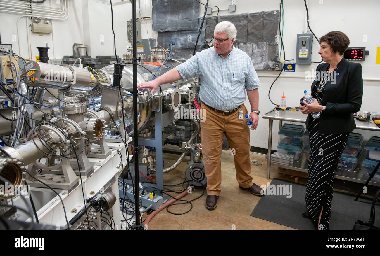 British physicist Nicola Fox (right, born 1968) visiting a Space ...