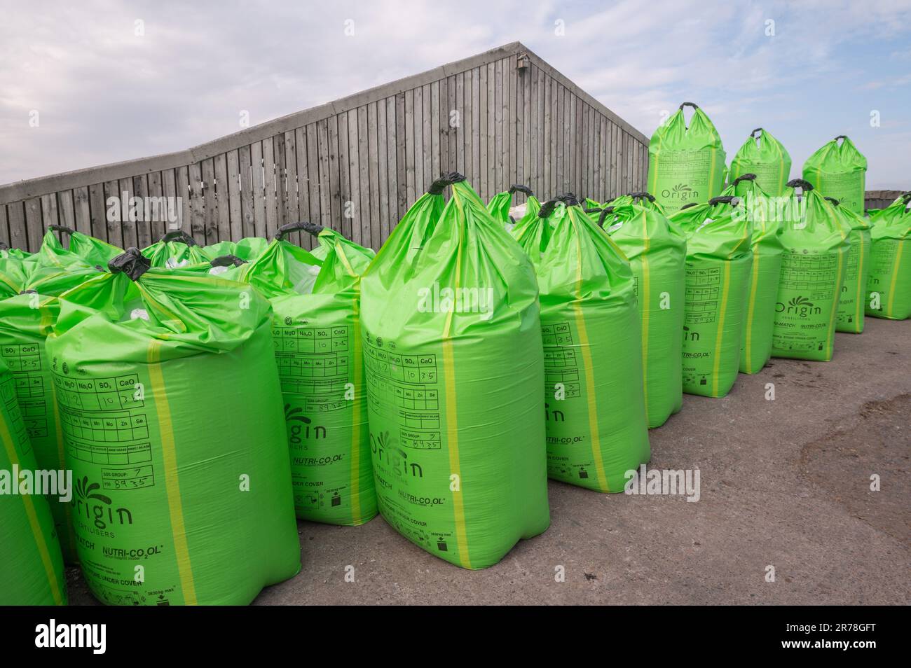 Bags of fertiliser at a dairy farm in Carmarthenshire, Wales, UK Stock ...