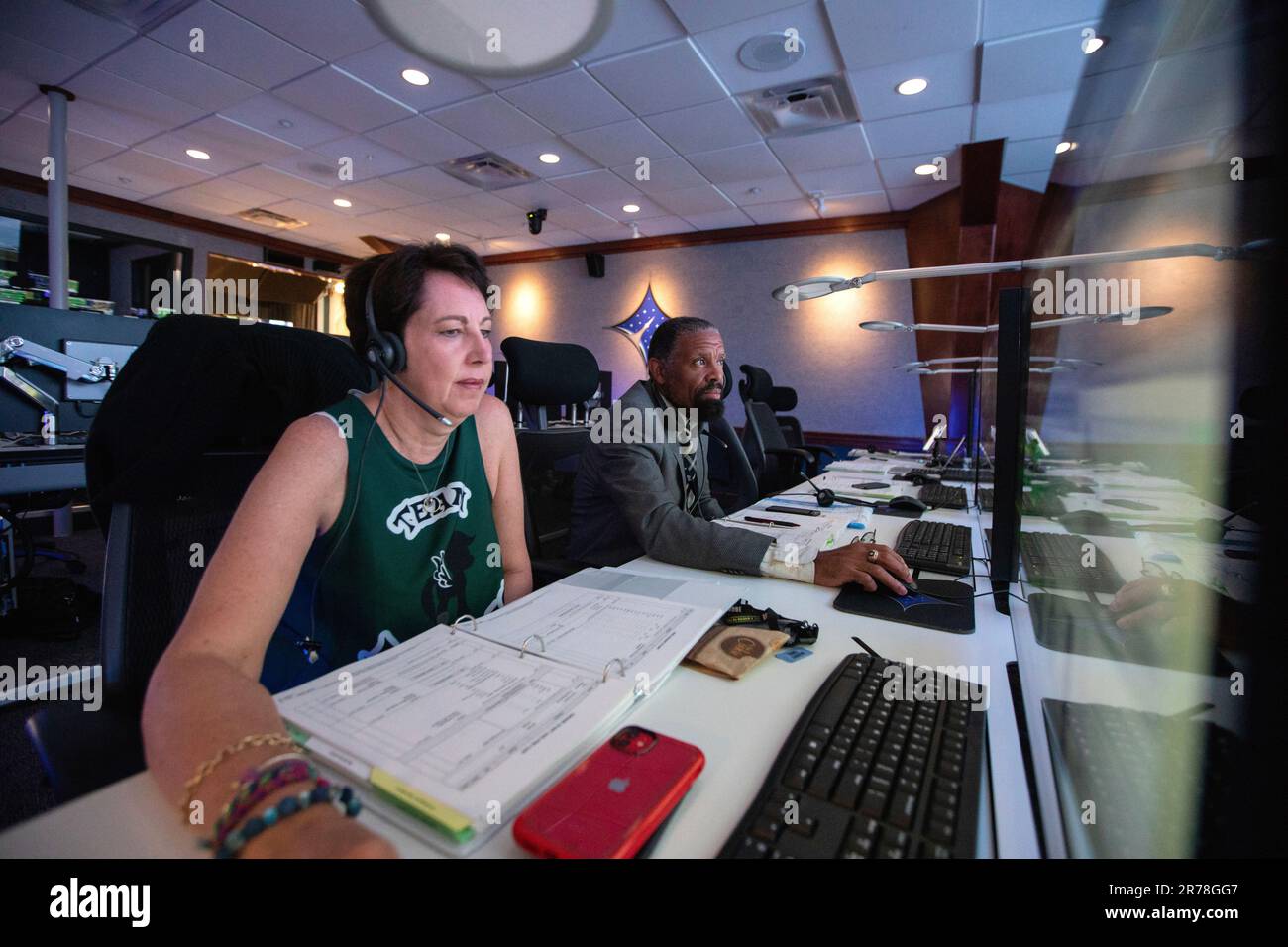 British physicist Nicola Fox (left, born 1968) monitoring the launch of ...