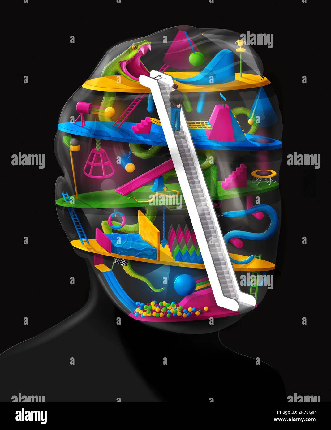 Conceptual illustration showing a man taking a shortcut within his mind ...