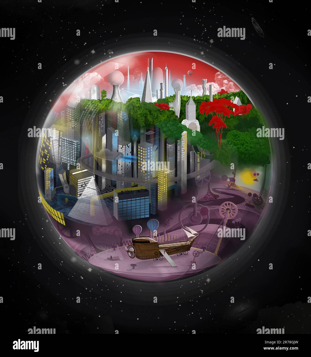 Conceptual illustration showing science fiction worlds within a sphere ...