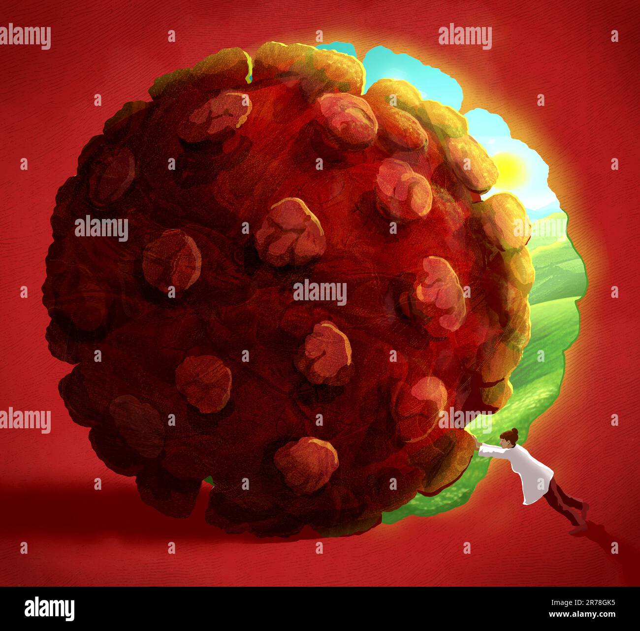 Conceptual illustration showing a scientist rolling away a giant virus ...